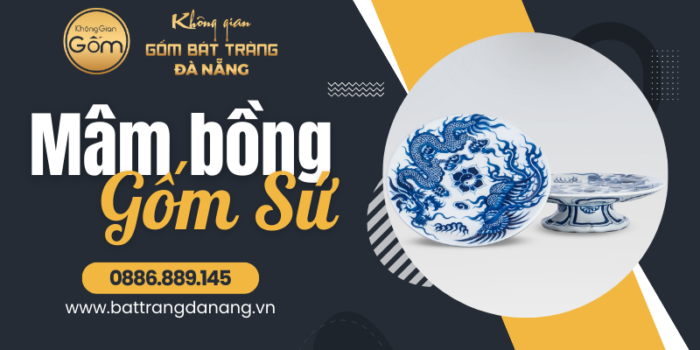 Mâm bồng Bát Tràng men rạn vẽ vàng họa tiết hoa sen MB-BT07 - Gốm sứ ...